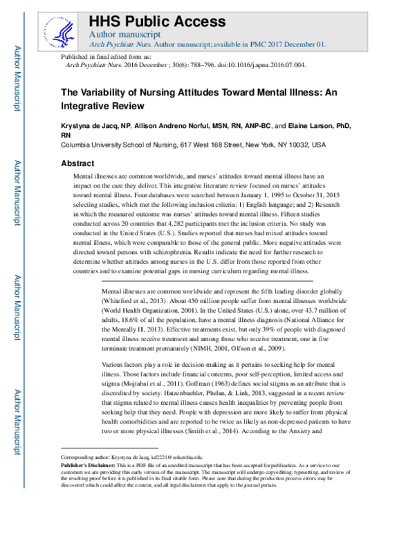 (PDF) The Variability of Nursing Attitudes Toward Mental Illness: An Integrative Review