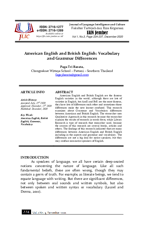 (PDF) American English and British English: Vocabulary and Grammar ...