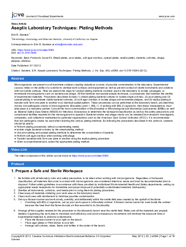 (PDF) Aseptic laboratory techniques: Plating methods | Erin Sanders - Academia.edu