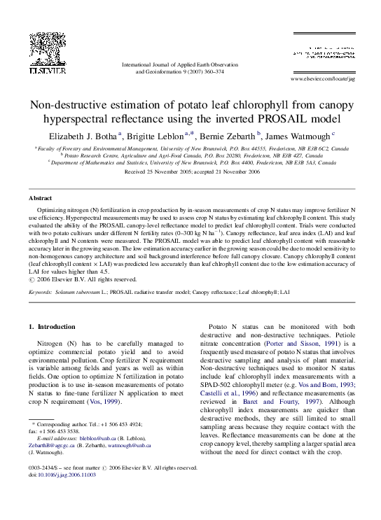 (PDF) Non-destructive estimation of potato leaf chlorophyll from canopy ...