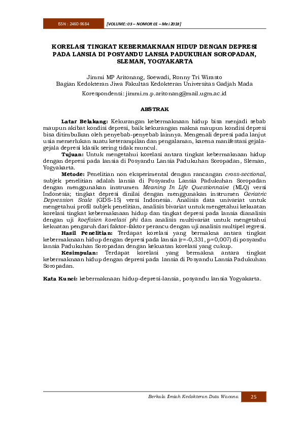 (PDF) Korelasi Tingkat Kebermaknaan Hidup Dengan Depresi Pada Lansia DI Posyandu Lansia ...
