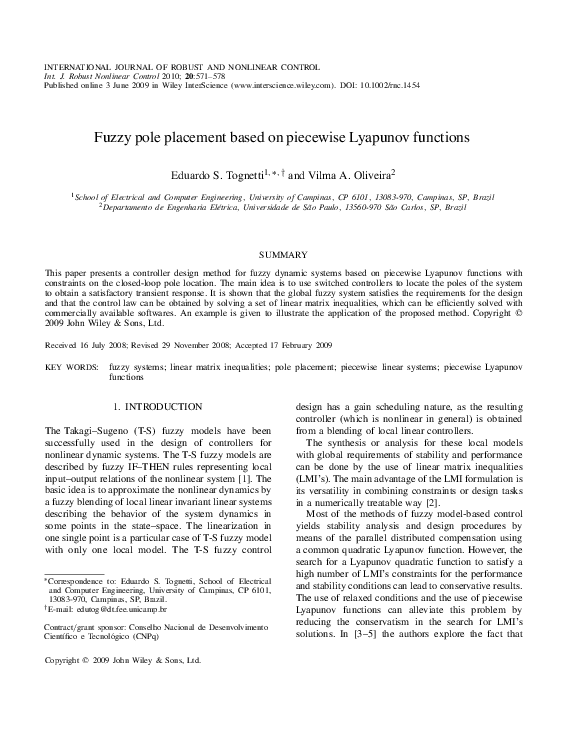 (PDF) Fuzzy pole placement based on piecewise Lyapunov functions | Vilma Oliveira - Academia.edu