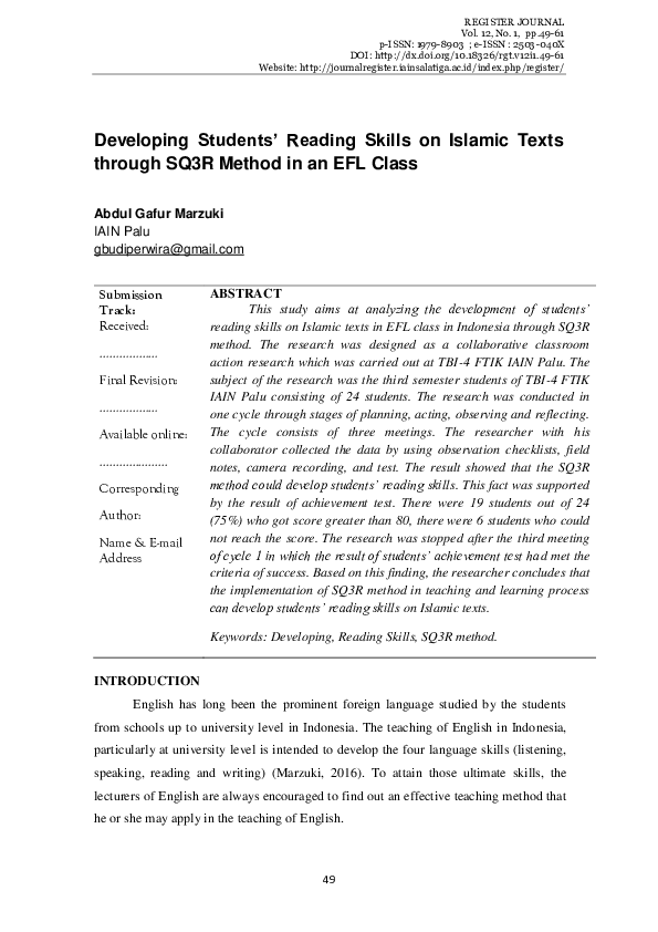 (PDF) The Implementation of SQ3R Method to Develop Students’ Reading Skill on Islamic Texts in ...