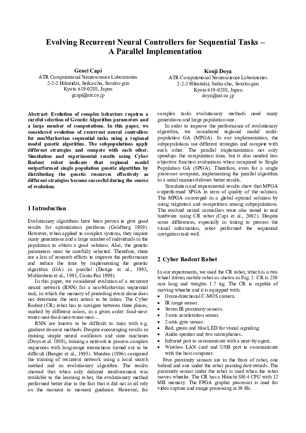 Pdf Evolving Recurrent Neural Controllers For Sequential Tasks A 3423