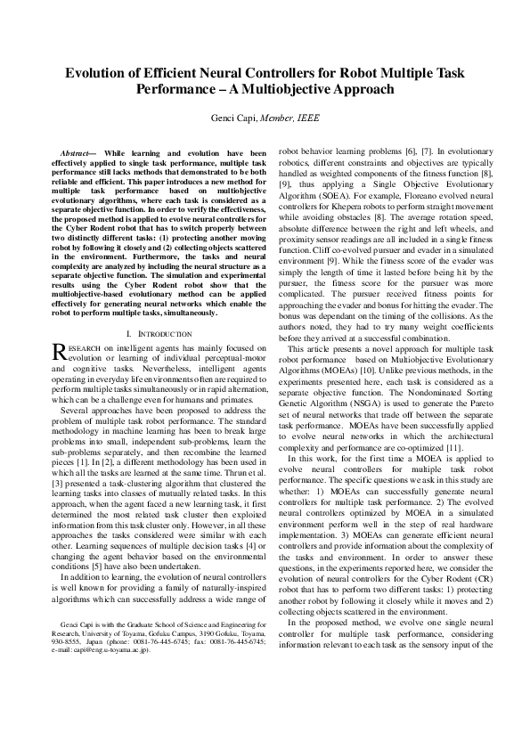 Pdf Evolution Of Efficient Neural Controllers For Robot Multiple Task