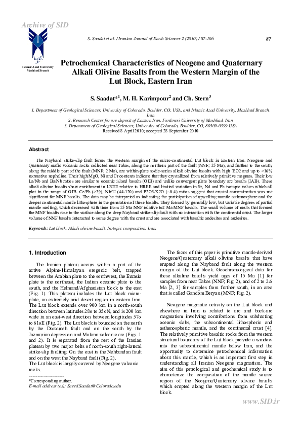 (PDF) Geochemistry of Quaternary Olivine Basalts from the Lut Block ...