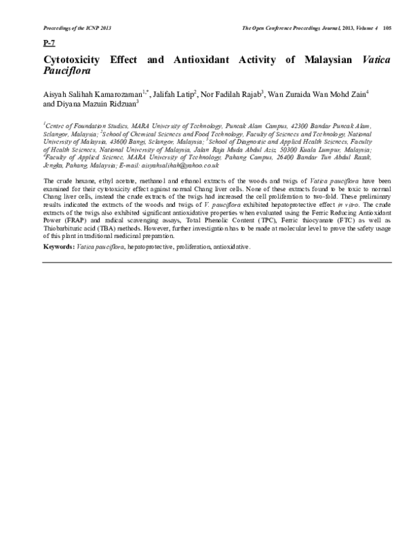 (PDF) Cytotoxicity Effect and Antioxidant Activity of Malaysian Vatica ...