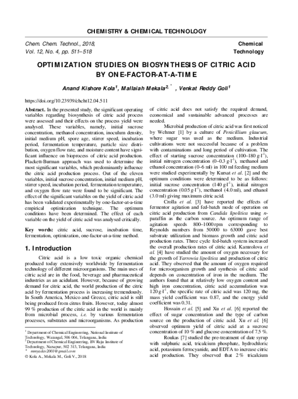 (PDF) Optimization Studies on Biosynthesis of Citric Acid by One-Factor ...