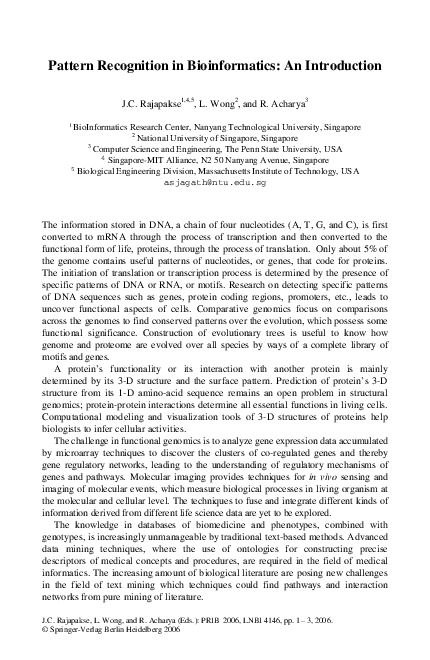 (PDF) Pattern Recognition in Bioinformatics: An Introduction