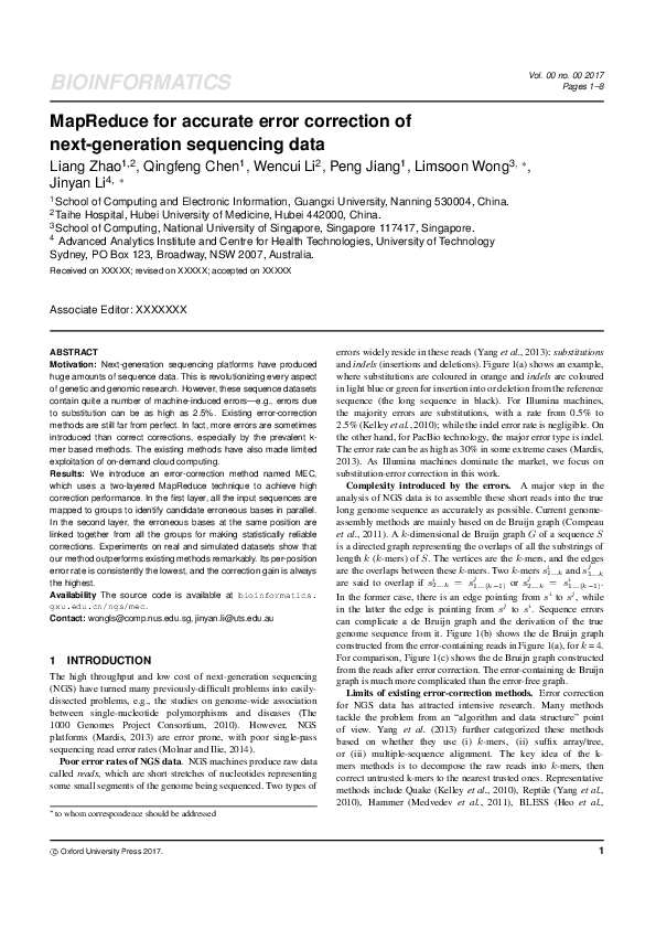 Pdf Mapreduce For Accurate Error Correction Of Next Generation Sequencing Data