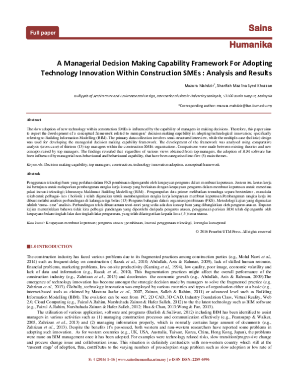 (PDF) A Managerial Decision Making Capability Framework For Adopting Technology Innovation ...