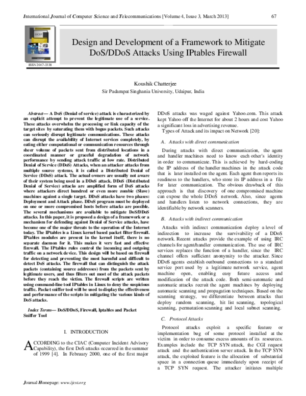 (PDF) Design and Development of a Framework to Mitigate DoS/DDoS Attacks Using IPtables Firewall