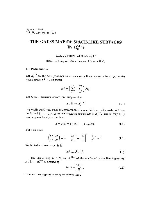 (PDF) THE GAUSS MAP OF SPACE-LIKE SURFACES IN Rp2+p