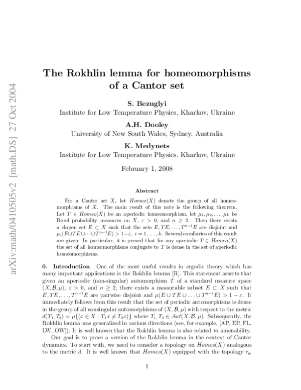 (PDF) The Rokhlin lemma for homeomorphisms of a Cantor set