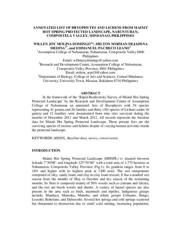 (PDF) Annotated List of Bryophytes and Lichens from Mainit Hot Spring ...