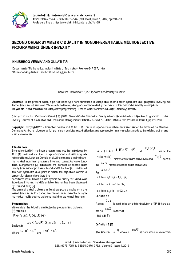 (PDF) Second Order Symmetric Duality in Nondifferentiable Multiobjective Pro-Gramming Under Invexity