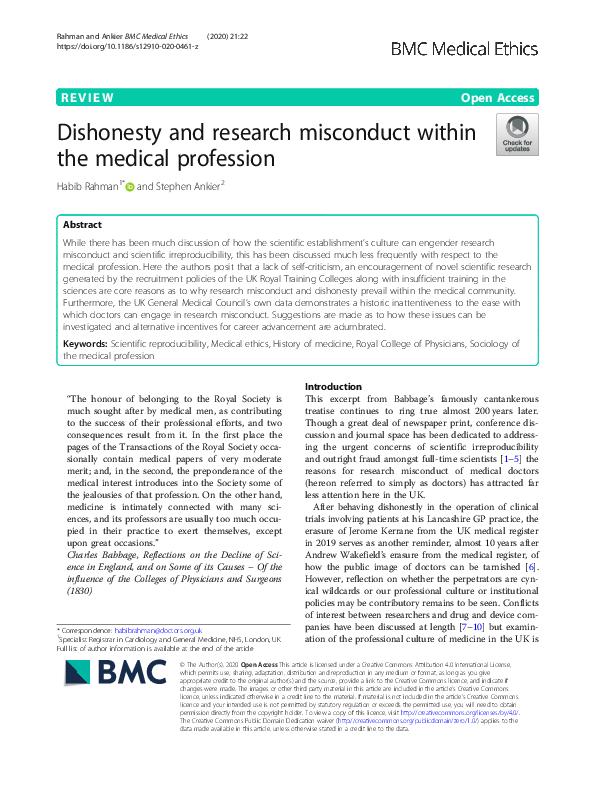 (PDF) Dishonesty and research misconduct within the medical profession