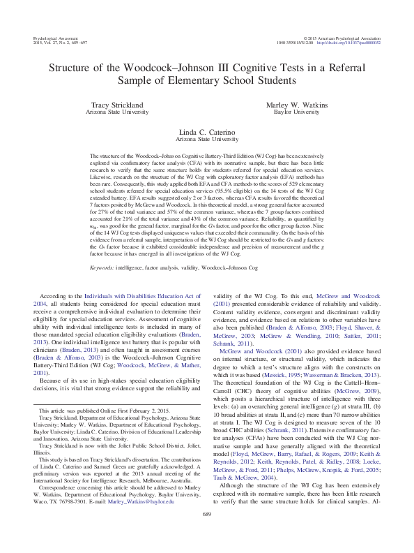 (PDF) Structure of the Woodcock–Johnson III Cognitive Tests in a ...