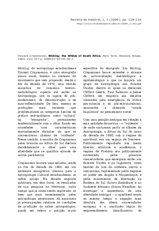 (PDF) Resenha de Vincent Crapanzano, Waiting: the Whites of South Africa