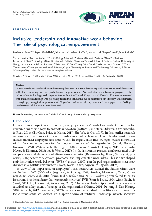 (PDF) Inclusive leadership and innovative work behavior: The role of psychological empowerment