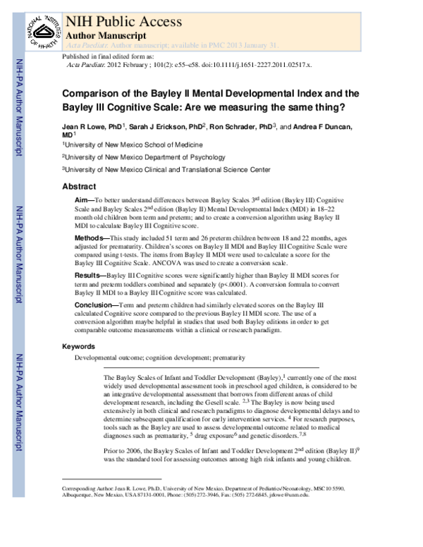 (PDF) Comparison of the Bayley II Mental Developmental Index and the ...