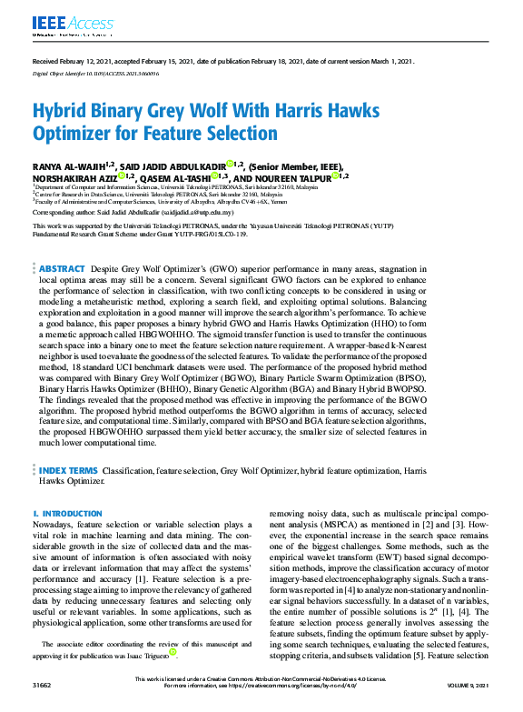 (PDF) Hybrid Binary Grey Wolf With Harris Hawks Optimizer for Feature Selection