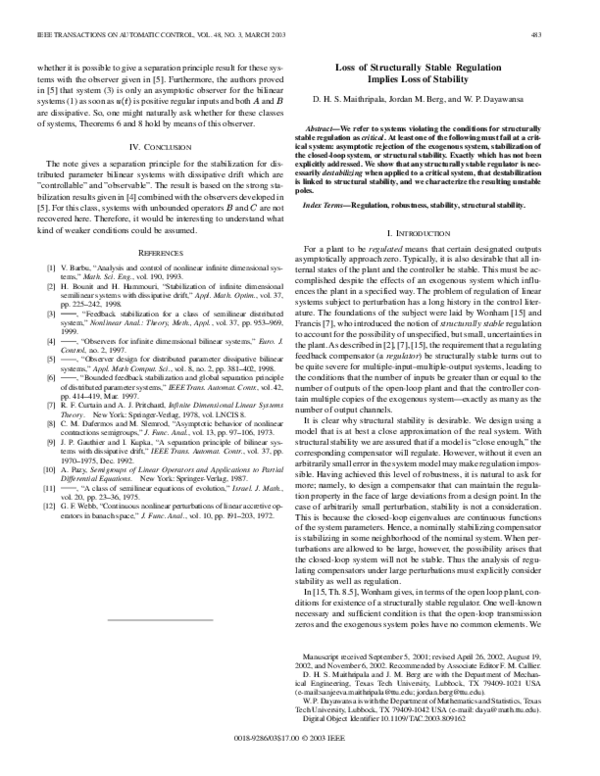 (PDF) Loss of structurally stable regulation implies loss of stability