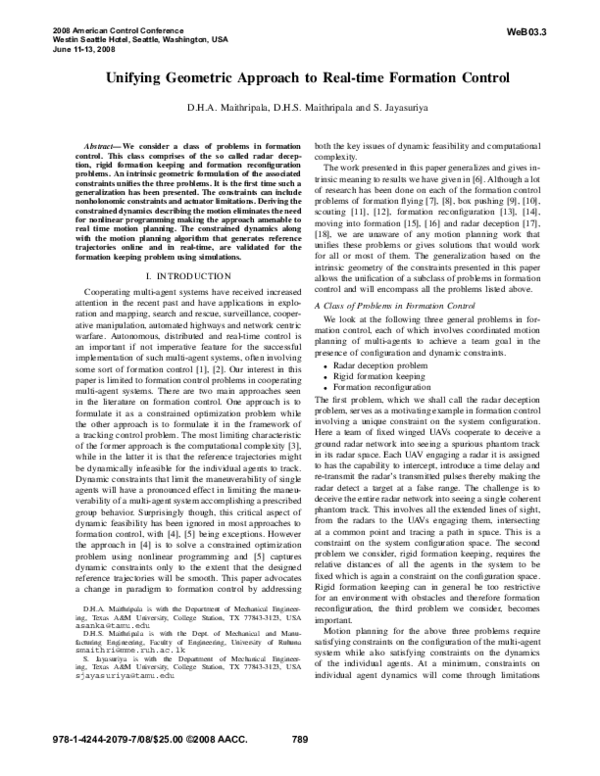 Pdf Unifying Geometric Approach To Real Time Formation Control