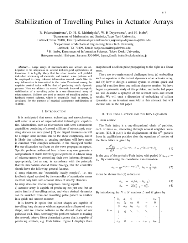 (PDF) Stabilization of travelling pulses in actuator arrays | Sanjeeva Maithripala - Academia.edu