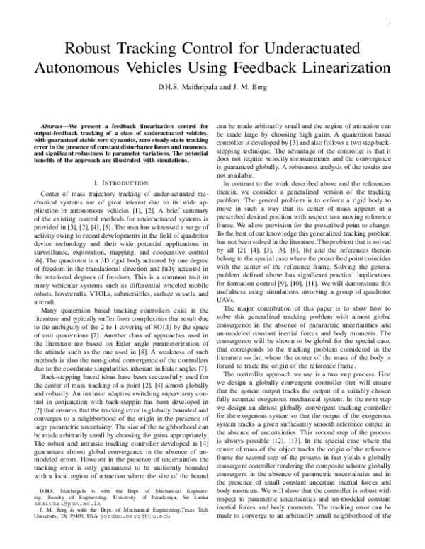(PDF) Robust tracking control for underactuated autonomous vehicles using feedback linearization