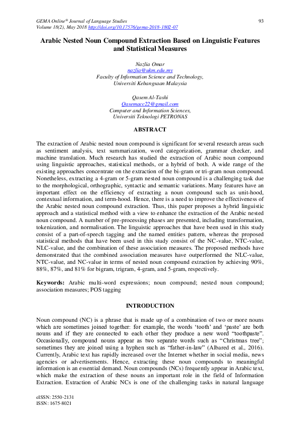 (PDF) Arabic Nested Noun Compound Extraction Based on Linguistic ...