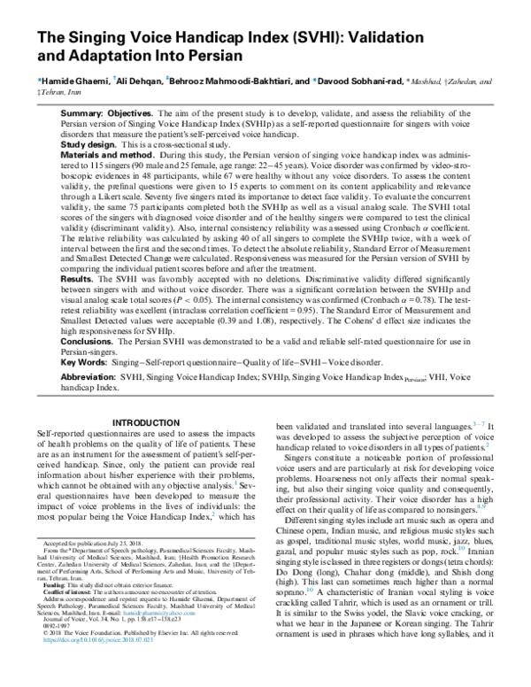 (PDF) The Singing Voice Handicap Index (SVHI): Validation and ...