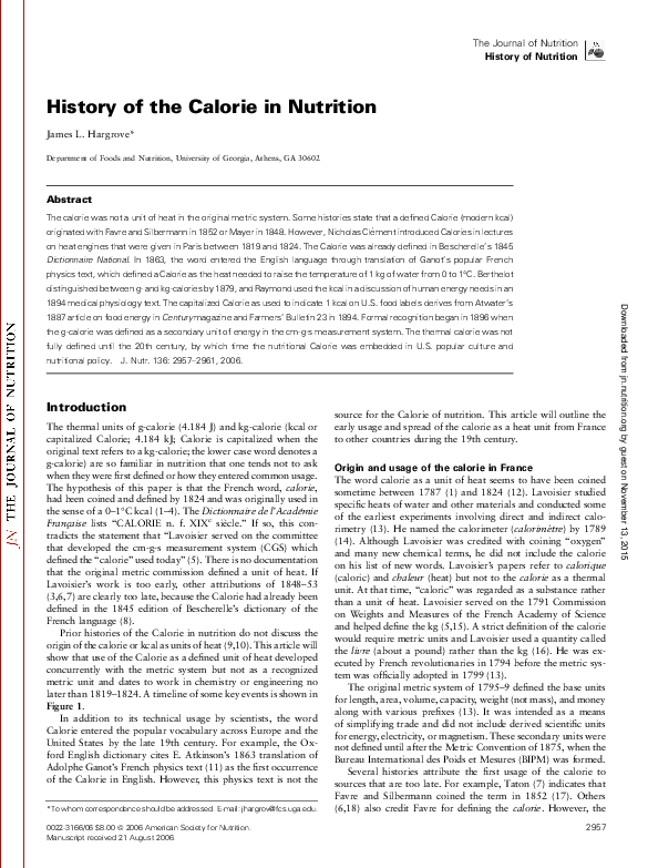 (PDF) History of the calorie in nutrition