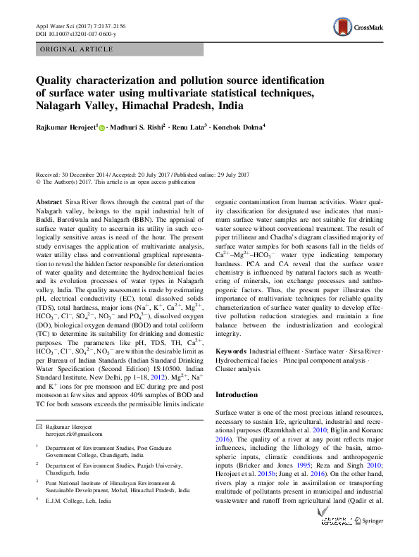 Pdf Quality Characterization And Pollution Source Identification Of Surface Water Using