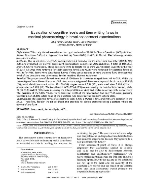 (PDF) Evaluation of cognitive levels and item writing flaws in medical ...