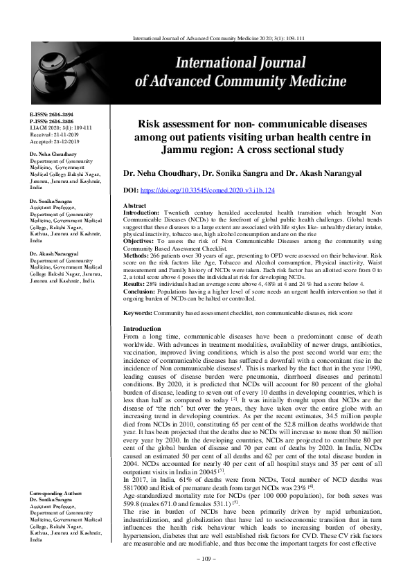 (PDF) Risk assessment for non- communicable diseases among out patients ...