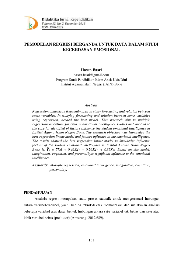 (PDF) Pemodelan Regresi Berganda Untuk Data Dalam Studi Kecerdasan Emosional | Hasan Basri ...