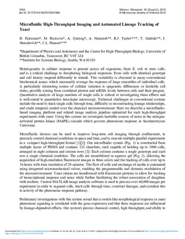 Microfluidic High-Throughput Imaging and Automated Lineage Tracking of Yeast