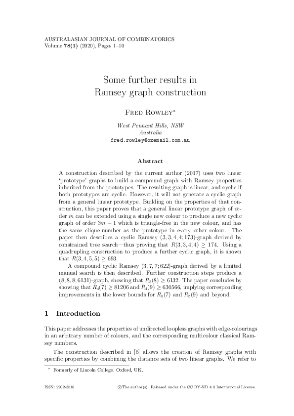 (PDF) Some further results in Ramsey graph construction