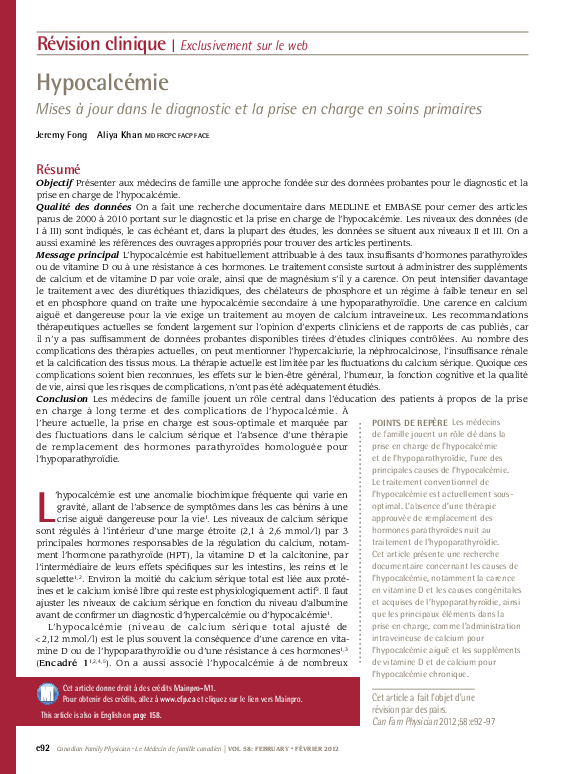 (PDF) Hypocalcémie Mises à jour dans le diagnostic et la prise en ...