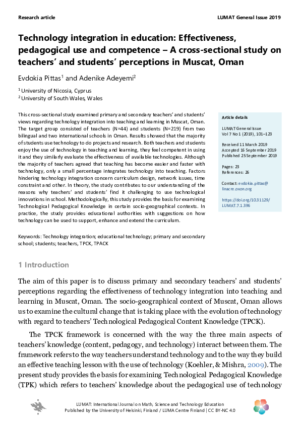 (PDF) Technology integration in education: Effectiveness, pedagogical ...