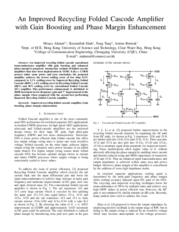 (PDF) An improved recycling folded cascode amplifier with gain boosting and phase margin enhancement