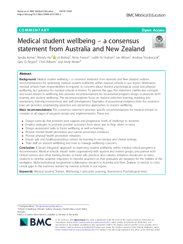 (PDF) Medical student wellbeing – a consensus statement from Australia ...