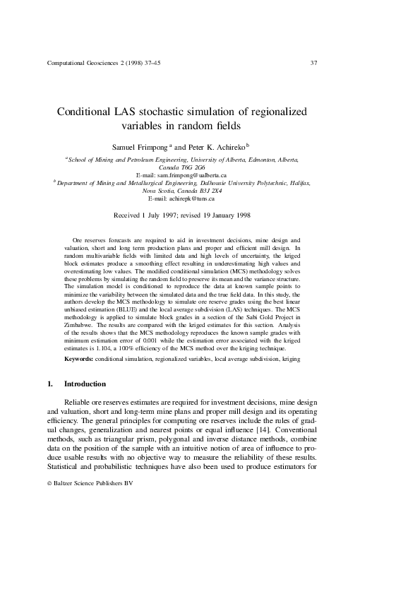 (PDF) Conditional LAS stochastic simulation of regionalized variables in random fields | Samuel ...