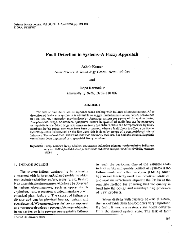 (PDF) Fault Detection in Systems-A Fuzzy Approach