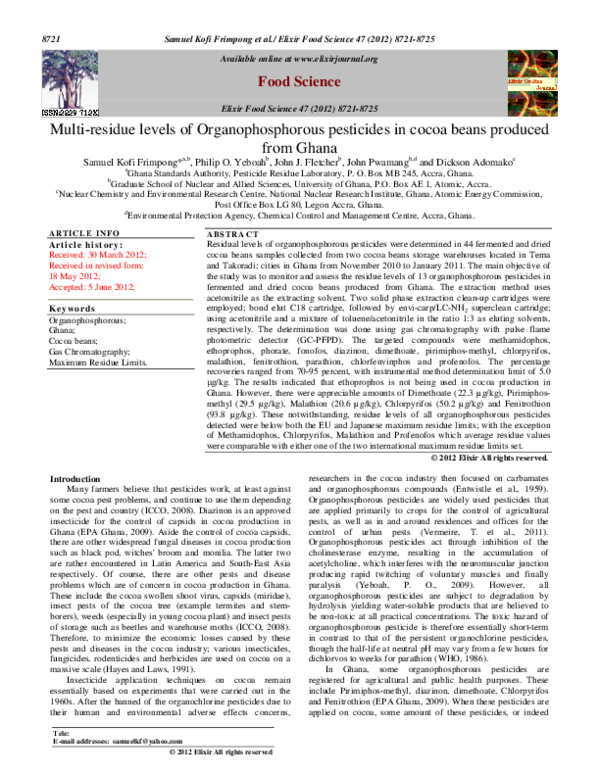 (PDF) Multi-residue levels of Organophosphorous pesticides in cocoa beans produced from Ghana
