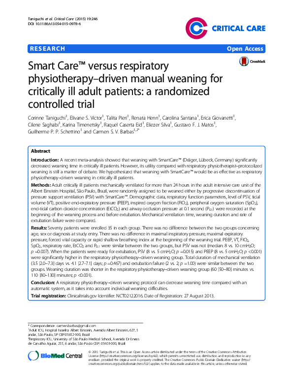 (PDF) Smart Care ™ versus respiratory physiotherapy driven manual ...