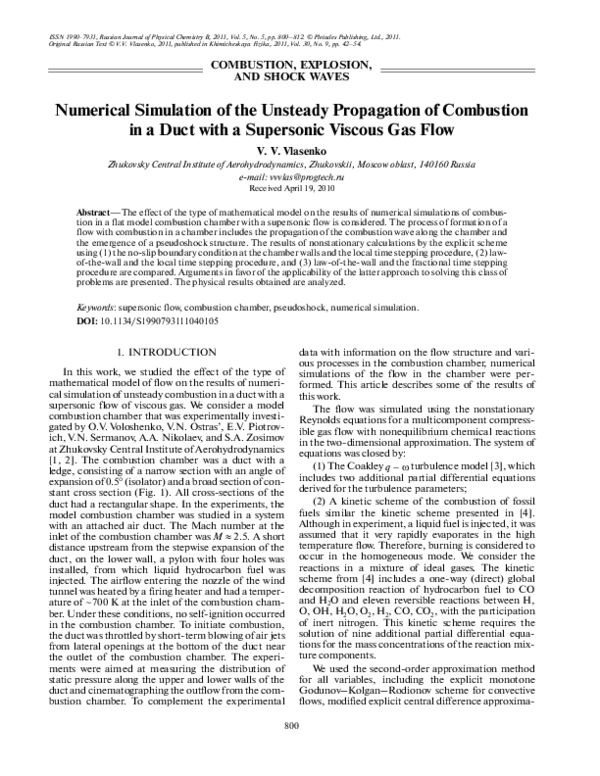Pdf Numerical Simulation Of The Unsteady Propagation Of Combustion In