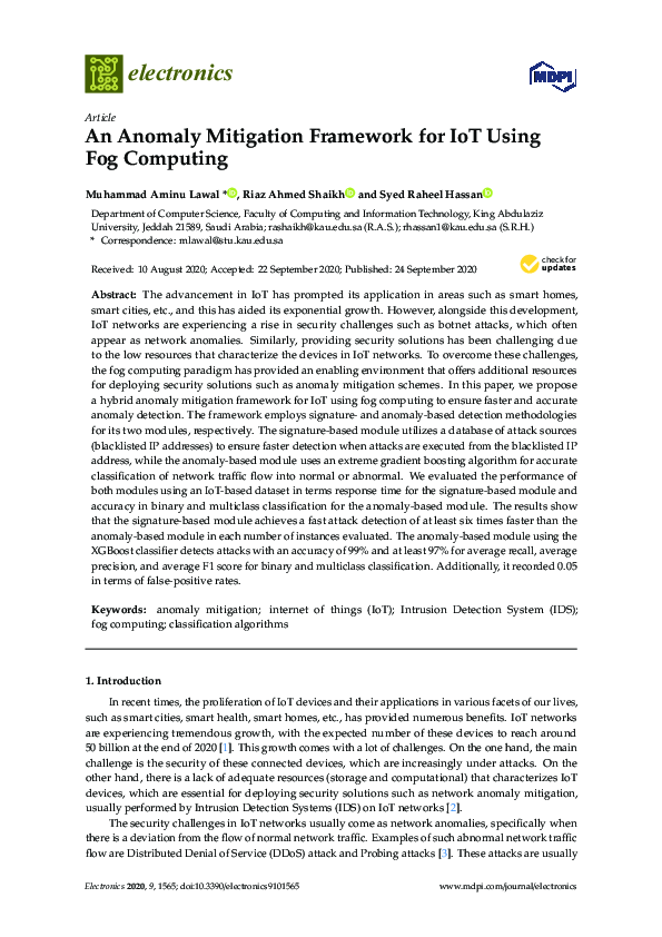 Pdf An Anomaly Mitigation Framework For Iot Using Fog Computing