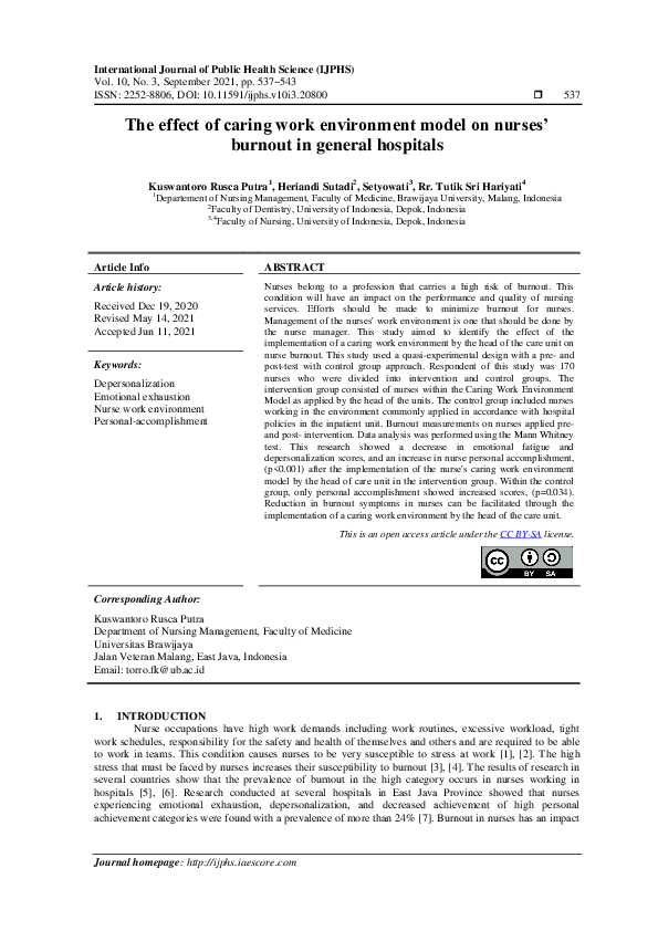 (PDF) The effect of caring work environment model on nurses' burnout in ...